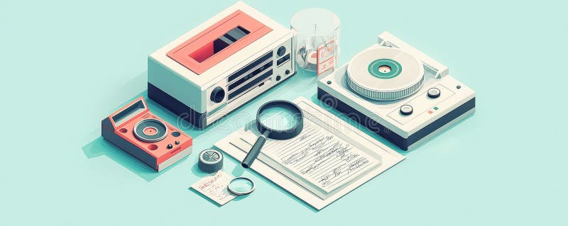 Isometric Vintage Technology Illustration Featuring Records and Compact ...