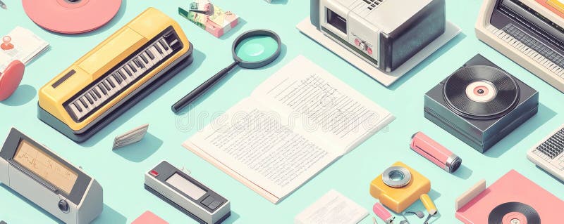 Isometric Vintage Technology Illustration Featuring Records and Compact ...