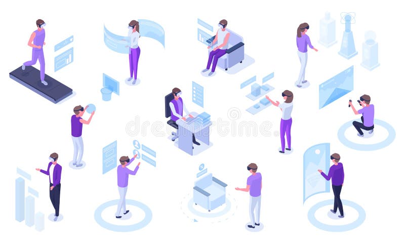 Isometric Virtual Reality Futuristic Simulations Technology. People in ...