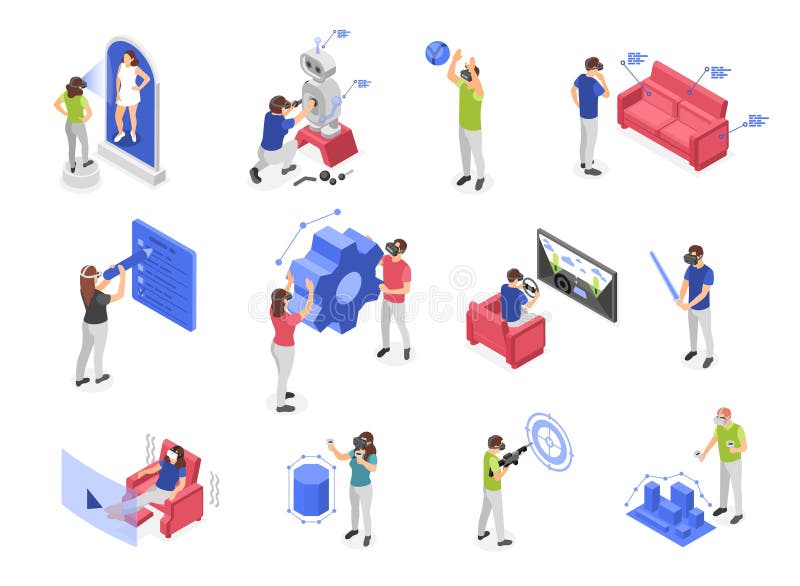 Isometric Virtual Reality Technology. People Using Different Gadgets in ...