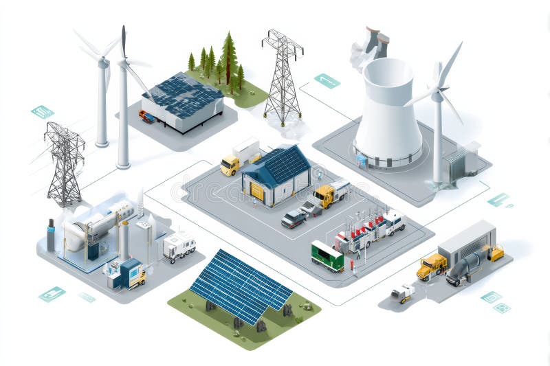 Isometric Visual of a Clean Energy Hub Featuring Hydro, Wind, and Solar ...