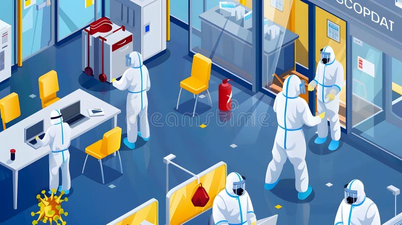 Isometric Visualization, Workers in Protective Suits Disinfecting an ...