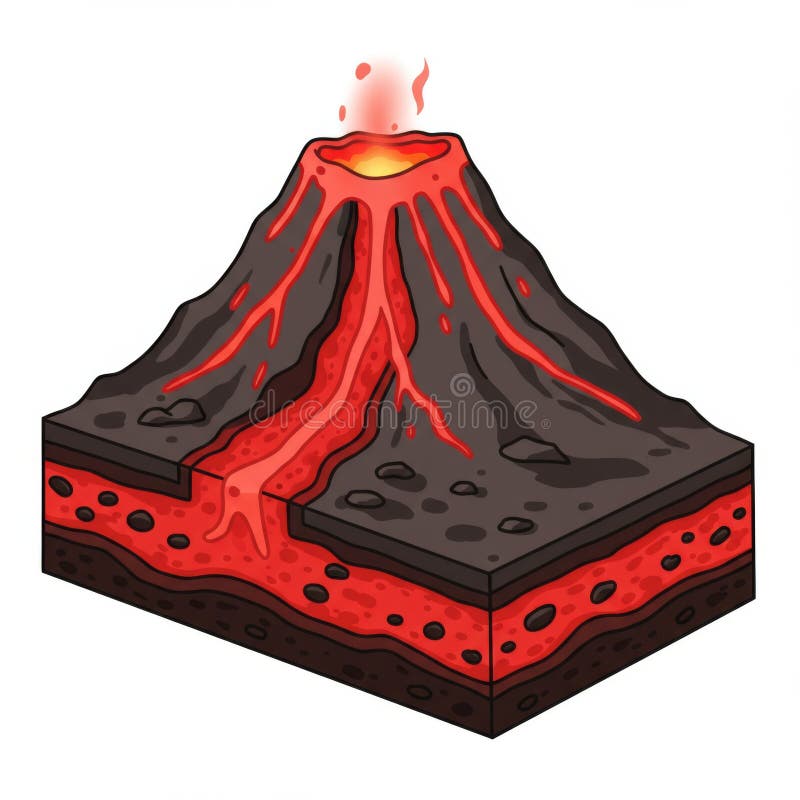 Isometric Volcano Cross Section Illustration with Red Lava Flowing Down ...