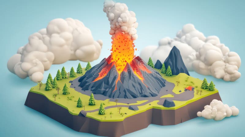 Isometric Volcano Eruption. 3D Render of Nature Landscape with Active ...