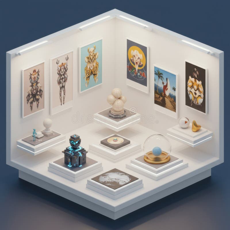 Isometric Voxel Art Gallery Featuring Diverse Artwork and Sculptures ...