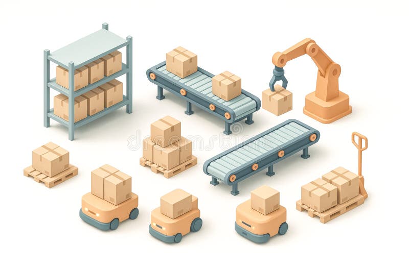 Isometric Warehouse Automation System Featuring Robotic Arm Conveyor ...