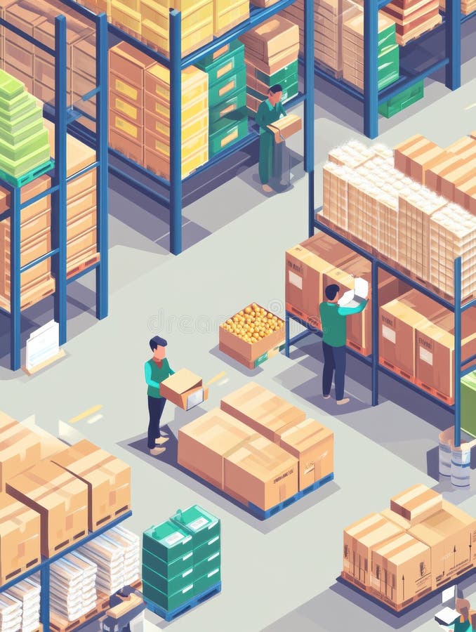 Isometric Warehouse with Grocery Boxes and Workers Packing Orders in ...