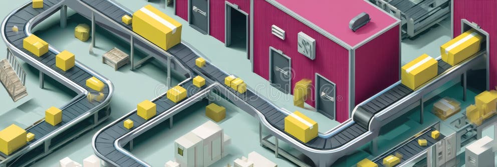 Isometric Warehouse Layout Featuring Conveyor Belts Transporting ...