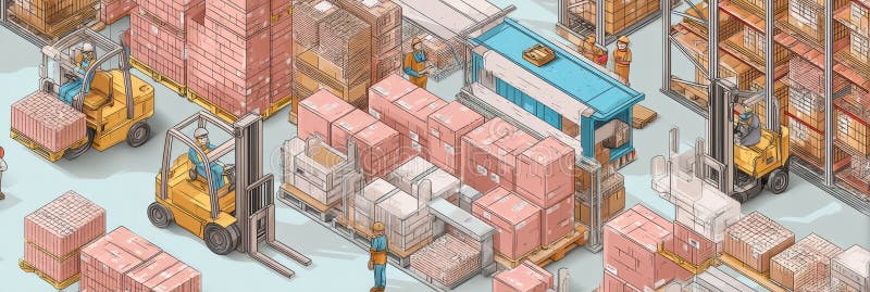 Isometric Warehouse Layout with Packing Staff and Forklifts Handling ...