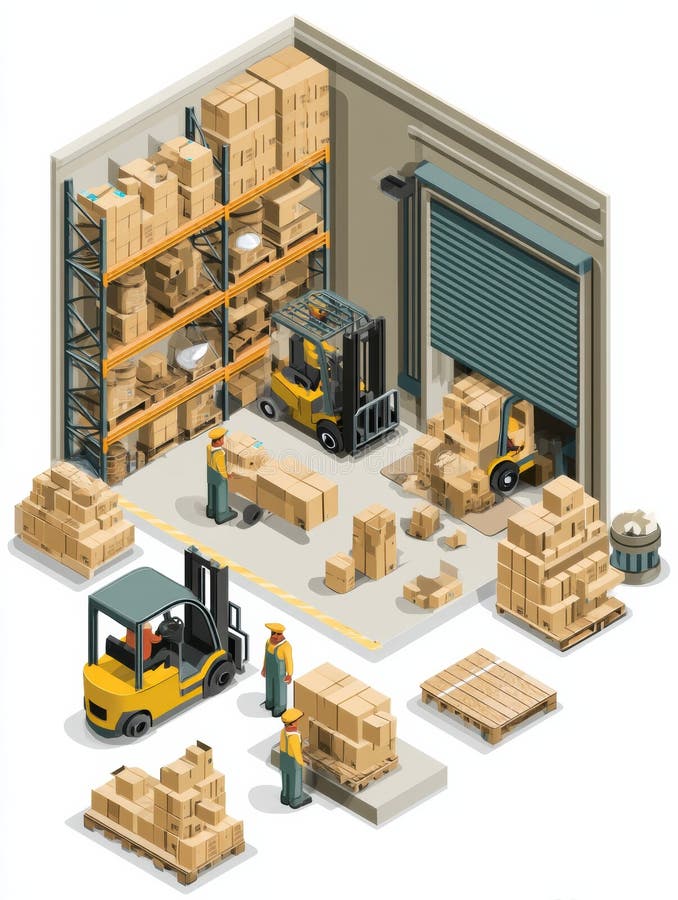 Isometric Warehouse Layout with Packing Staff, Forklifts, and Organized ...