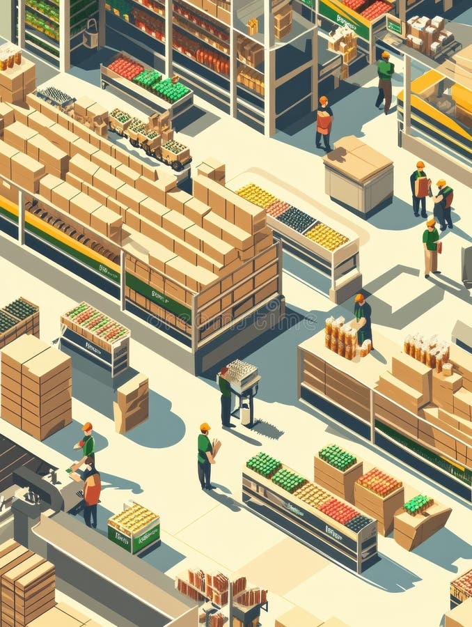 Isometric Warehouse Packing Environment with Workers Organizing Grocery ...
