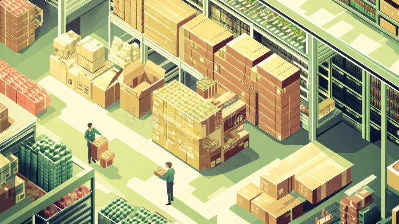Isometric Warehouse Setting with Grocery Boxes and Workers Packing ...