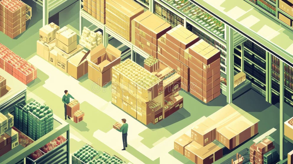 Isometric Warehouse Setting with Grocery Boxes and Workers Packing ...