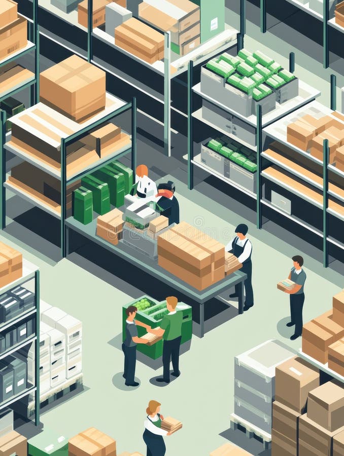 Isometric Warehouse Setting with Workers Packing Grocery Orders and ...