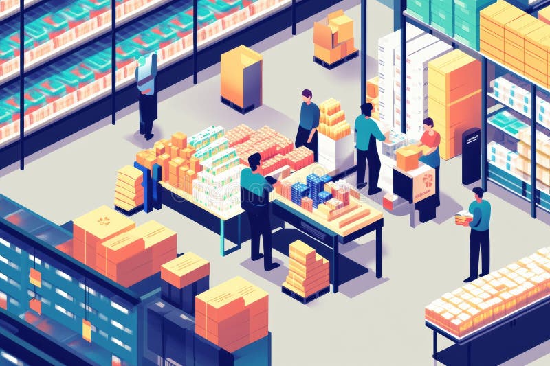Isometric Warehouse Setting with Workers Packing Grocery Orders and ...