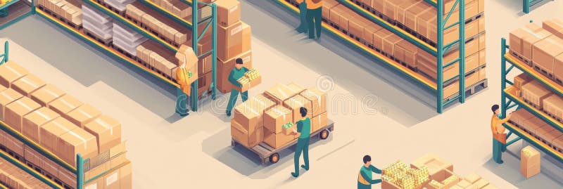 Isometric Warehouse with Workers Packing Grocery Orders in a Clean ...