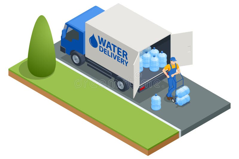 Isometric Water Delivery Service. Truck Carrying Plastic Containers of ...