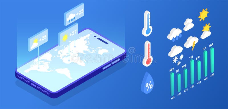 Isometric Weather Forecast Application Elements Stock Vector ...