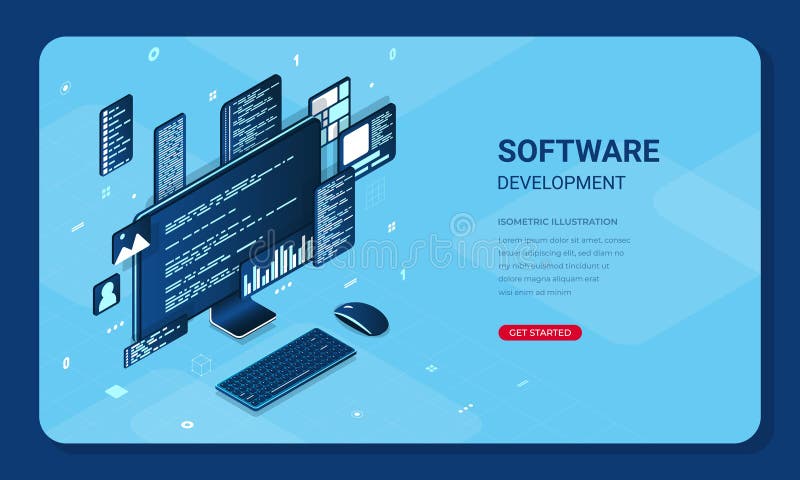 Isometric Web Banner Software Development. Program Code on Computer Screen. Landing Page ...