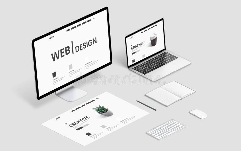 Isometric Web Design Studio Desk with Computer Display, Laptop and ...