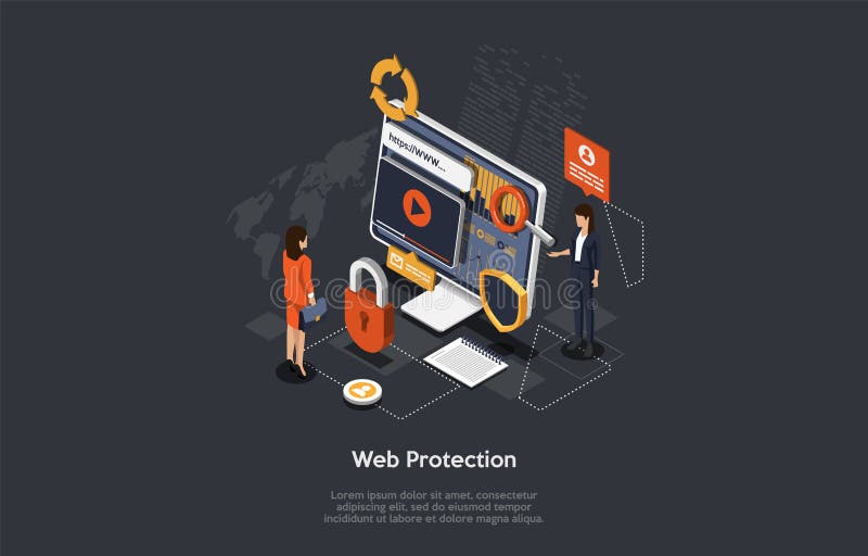 Isometric Web Protection Concept. Protection Network Security and Data ...