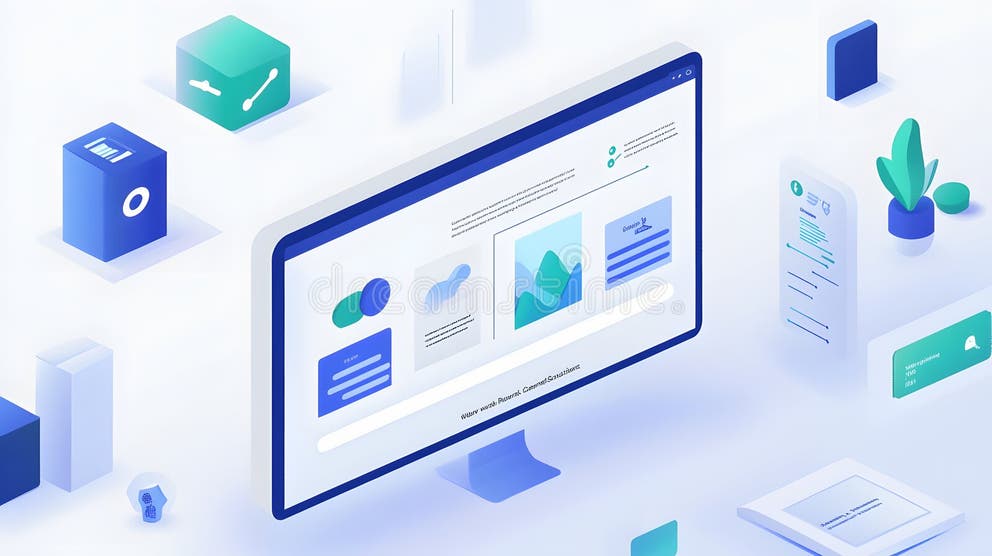 Isometric Website Design on Computer Screen with Digital Elements Stock ...
