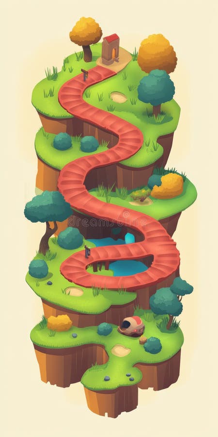 Isometric Winding Red Pathway Leading To a Small House with Lush ...