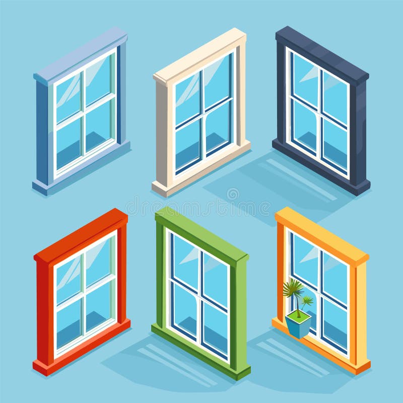 Isometric Windows Various Colors Blue Background. Different Styles ...