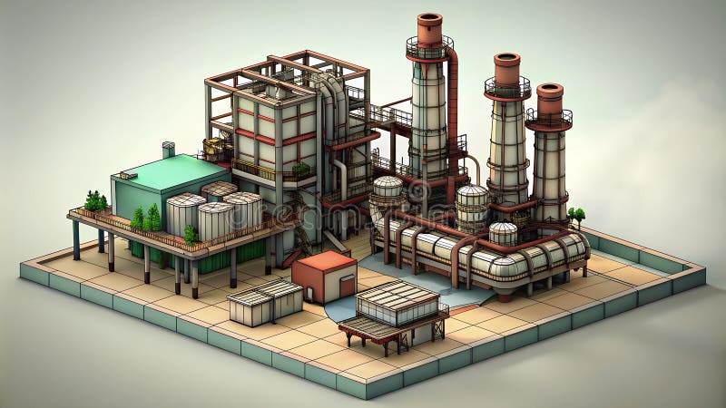 Isometric Wireframe Refinery Plant with Detailed Structures Stock ...