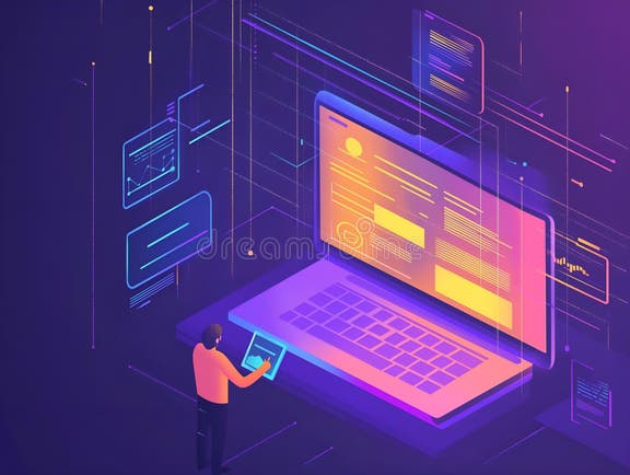 Isometric Woman Working Laptop Programming Code Interface Design Software Stock Illustration ...