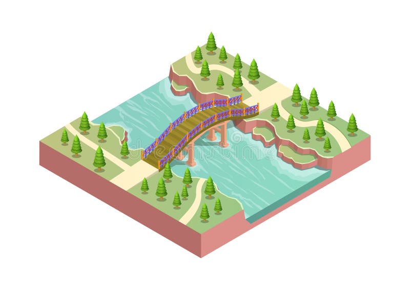 Isometric Wooden Bridge Over a River Stock Vector - Illustration of ...