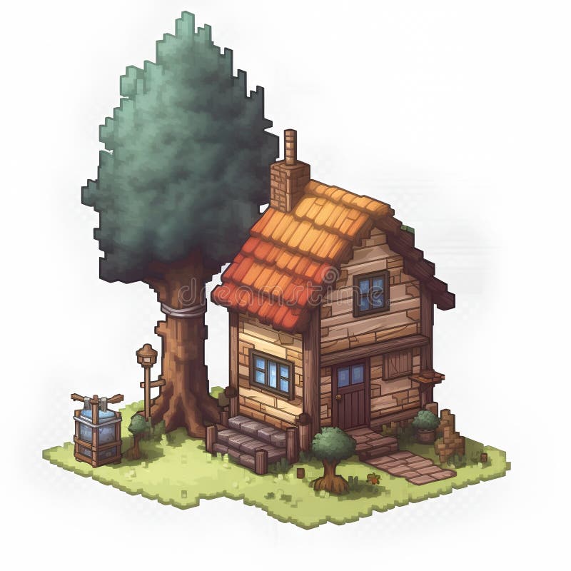 Isometric Wooden House with a Tree and a Chimney. Vector Illustration ...