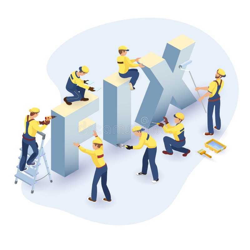 Isometric Word Fix, Team of Workers and Tools. Vector Stock Vector ...