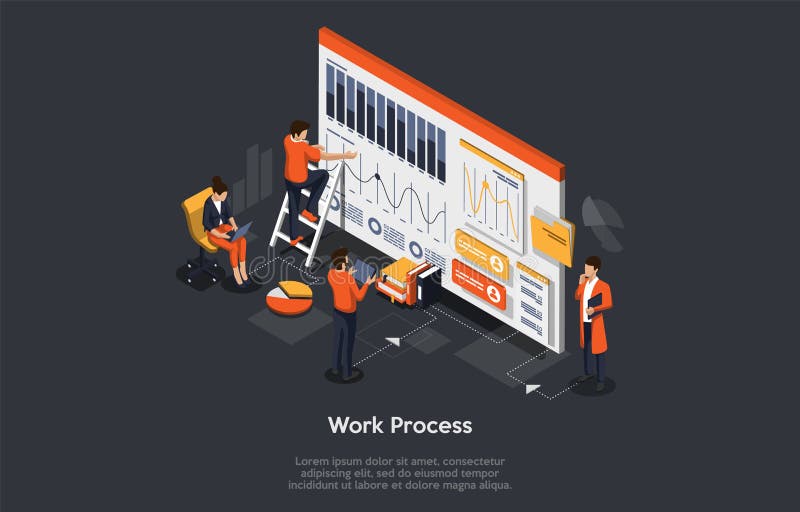Isometric Work Process Concept. Business People are Planning ...