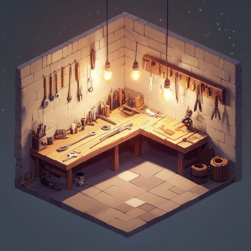 Isometric Workshop Space with Wooden Bench, Tools, and Hanging ...