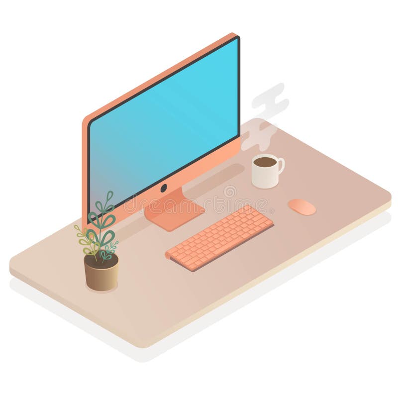 Isometric Workspace Computer Monitor on Table Stock Illustration ...