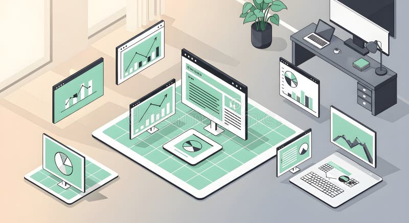 Isometric Workspace with Financial Data, Monitors, and Plant in a ...