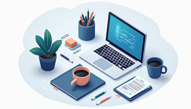 Isometric Workspace Illustration with Laptop Cup Coffee Business ...