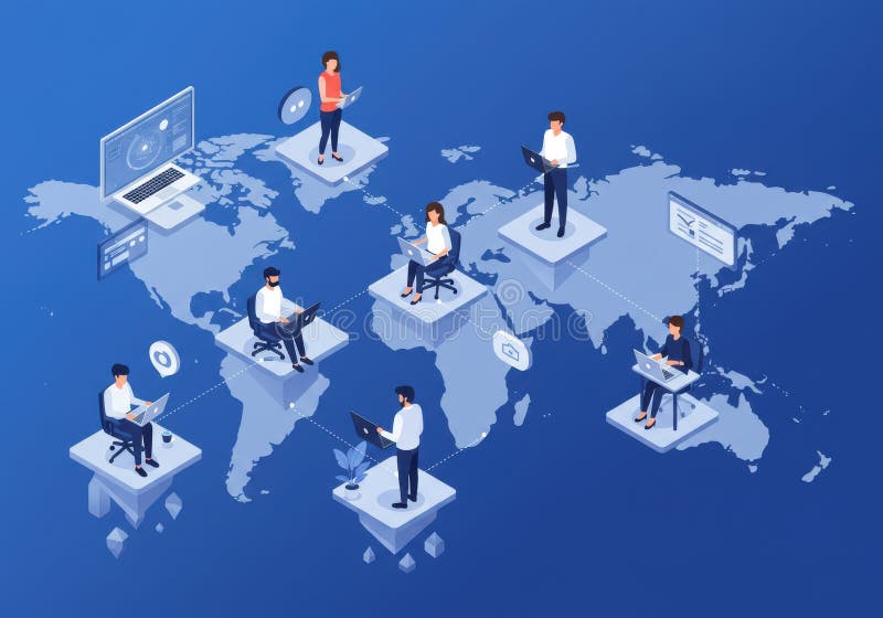Isometric World Map with Connected Digital Workers Stock Illustration ...