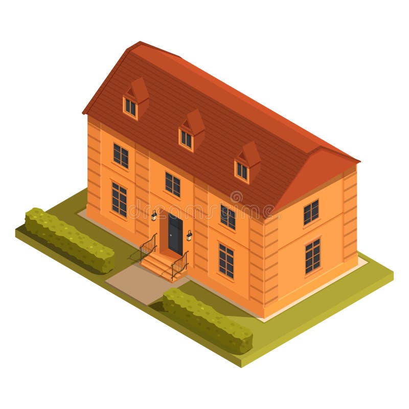 Isometric Yellow Mansion on the Lawn with Bushes Stock Vector ...