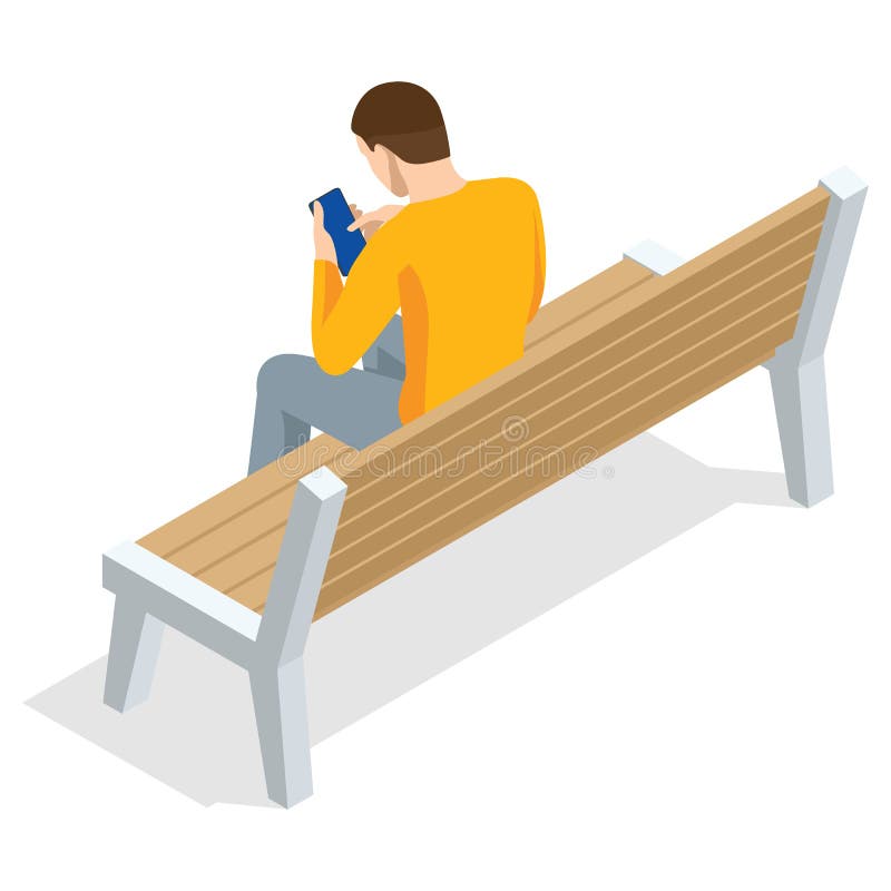Isometric Old Man Sitting On A Bench And Resting Front View Isolated