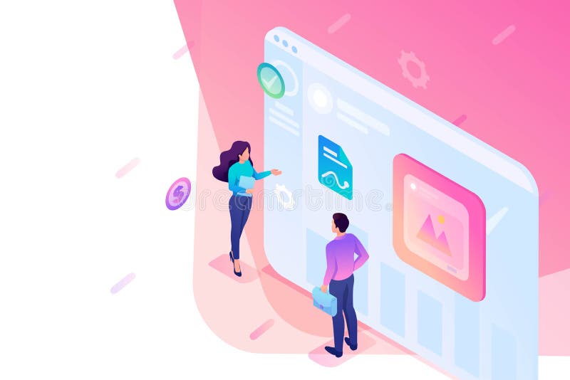 Isometric Young People Stand at the Screen, Creating Presentations and ...