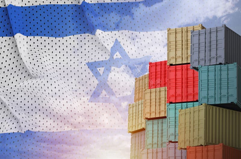Israel Flag and Big Stack of Shipping Cargo Containers in Docks with ...