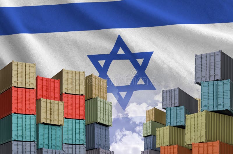 Israel Flag and Big Stack of Shipping Cargo Containers in Docks with ...