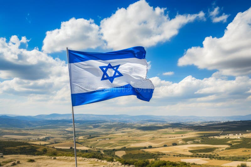 Israel Flag Waving in the Wind on a Background of Mountains and Blue ...