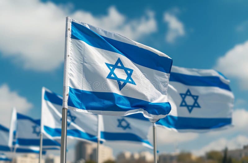 Israeli Flags Waving Against Blue Sky Stock Image - Image of blue ...