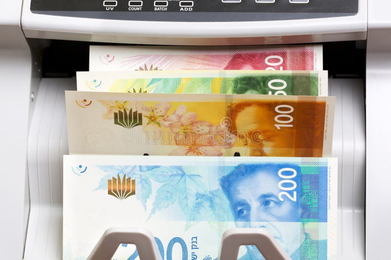 Israeli New Shekel in the Counting Machine Stock Image - Image of ...