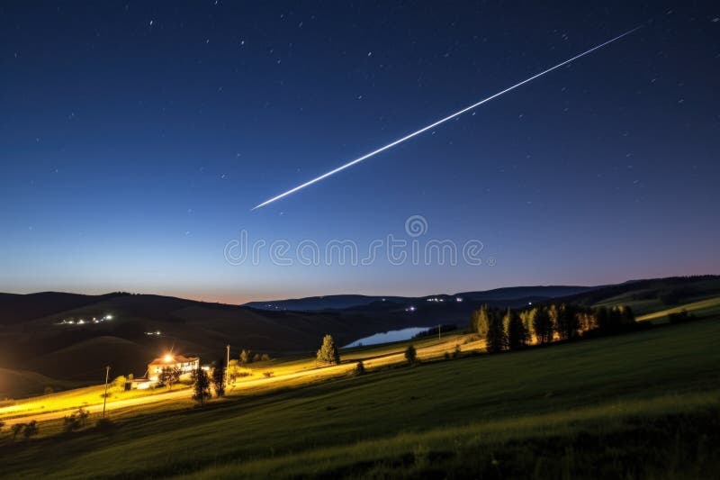 Iss Passing Across the Night Sky Over Rolling Hills Stock Image - Image ...