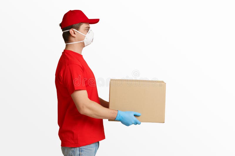 Issue of Parcels during Outbreak of Coronavirus. Courier in Protective ...