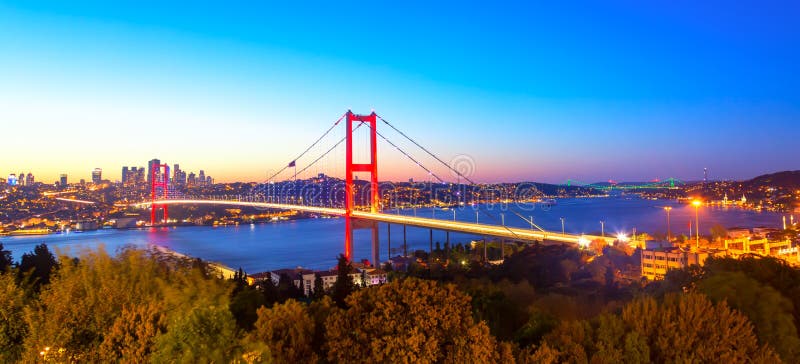 Istanbul Bosphorus Bridge or 15th July Martyrs Bridge at Sunset ...